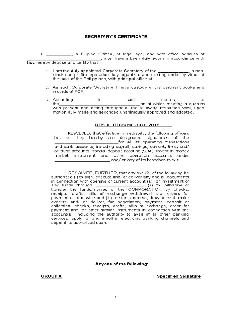 Secretary Certificate Sample | PDF | Negotiable Instrument | Payments