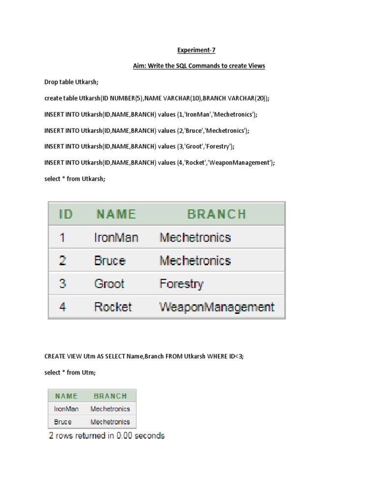 Experiment-7 Aim: Write The SQL Commands To Create Views | PDF
