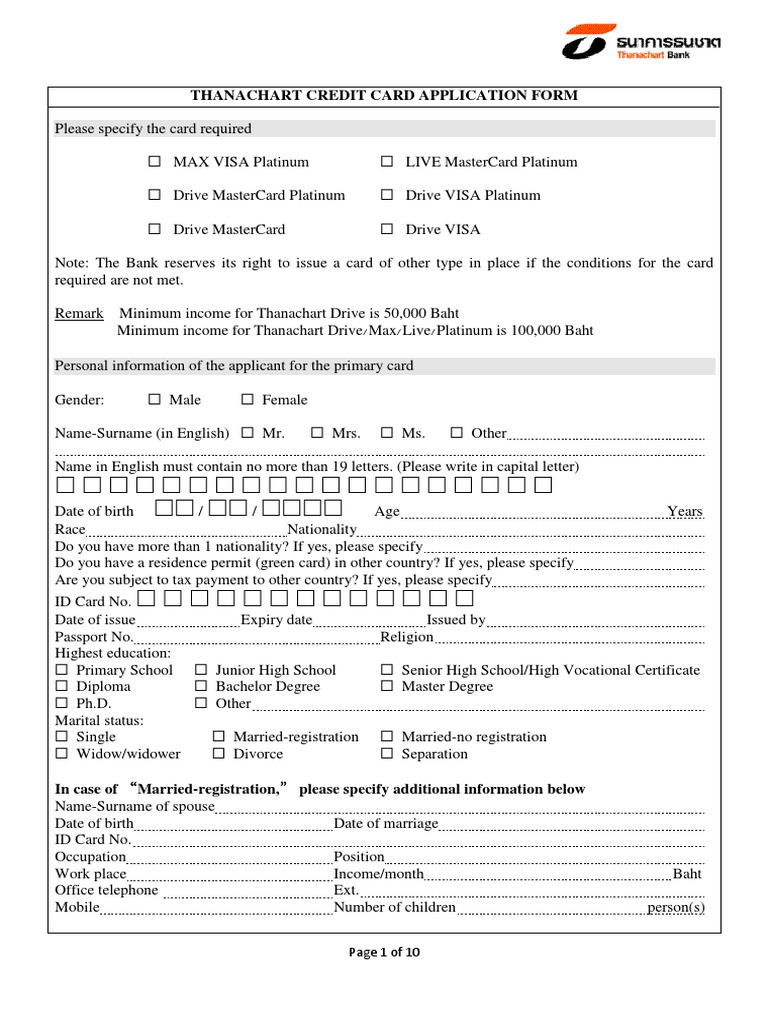 An Application for a Credit Card from Thanachart Bank | PDF | Credit ...