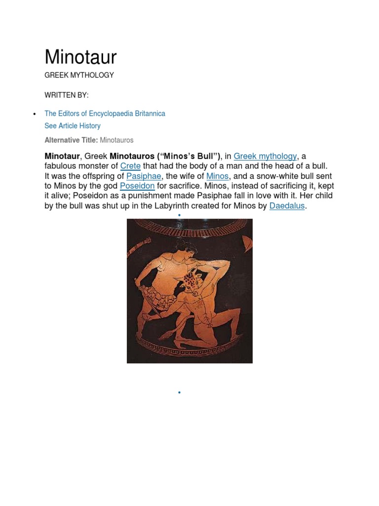 Minotaur: Minotaur, Greek Minotauros ("Minos's Bull"), in | PDF