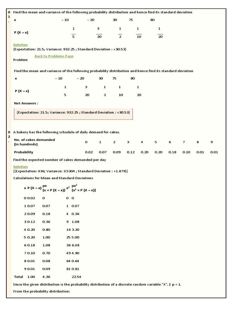 Back To Problems Page: Solution | PDF | Expected Value | Variance