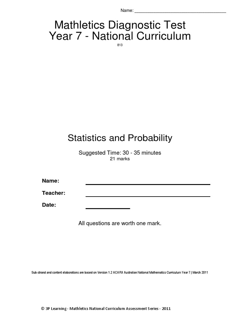 Year 7 Diagnostic Statistics and Probability Questions | PDF | Mean ...