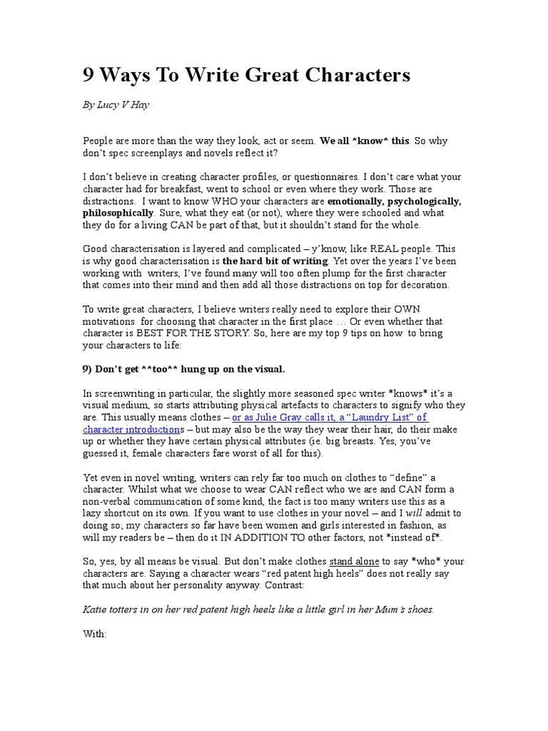 Lucy V. Hay - 9 Ways To Write Great Characters (2013) | PDF | Writers ...