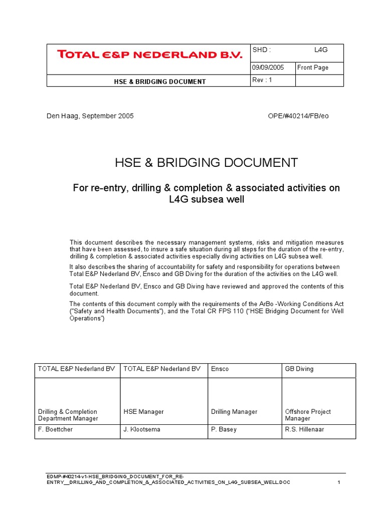HSE Bridging Document for Re-entry, Drilling, Completion and Associated Activities on L4G Subsea ...