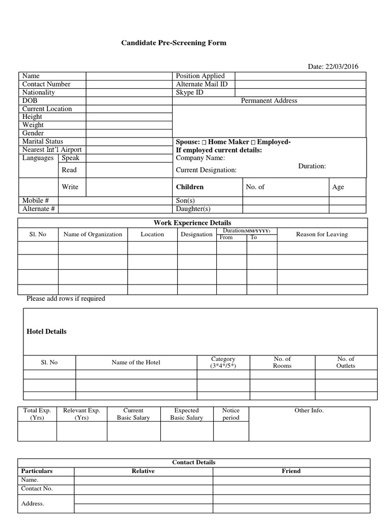 Candidate Pre Screening Form | PDF