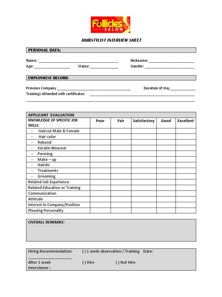Hairstylist Interview Sheet Personal Data:: Employment Record | PDF ...