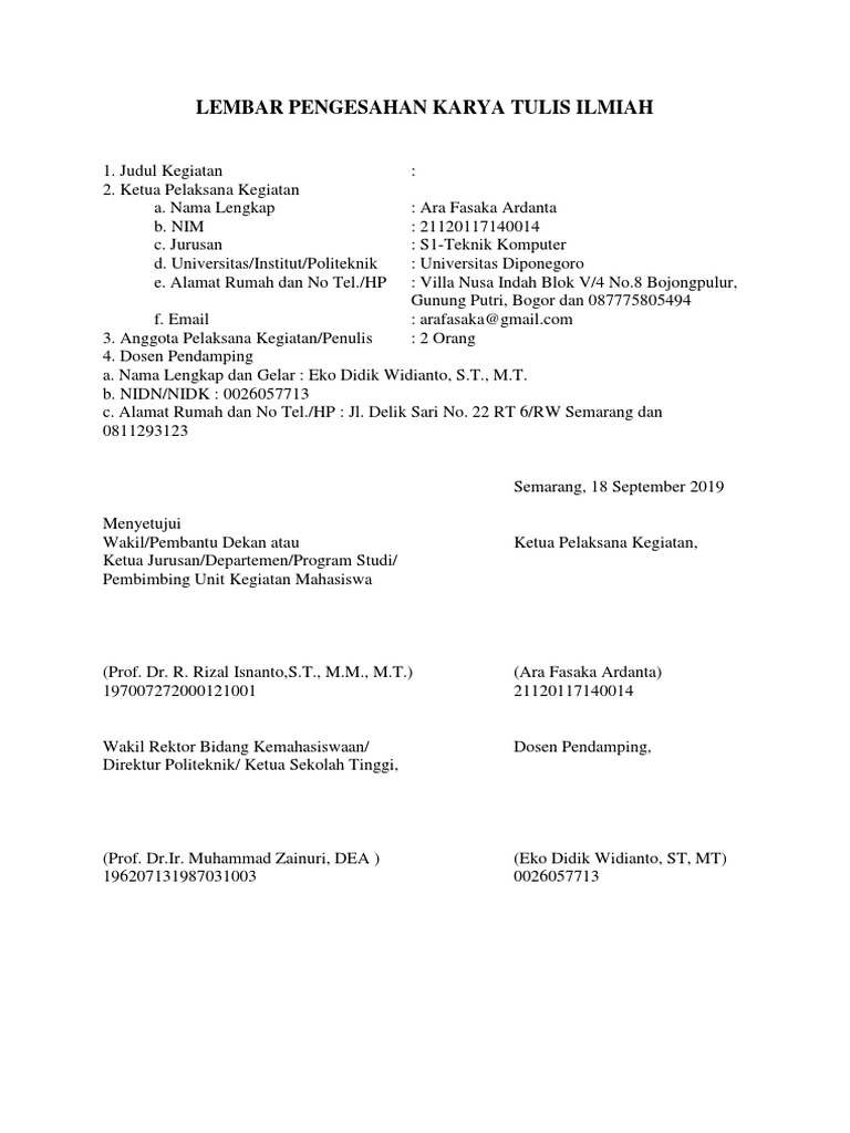 Lembar Pengesahan Karya Tulis Ilmiah | PDF