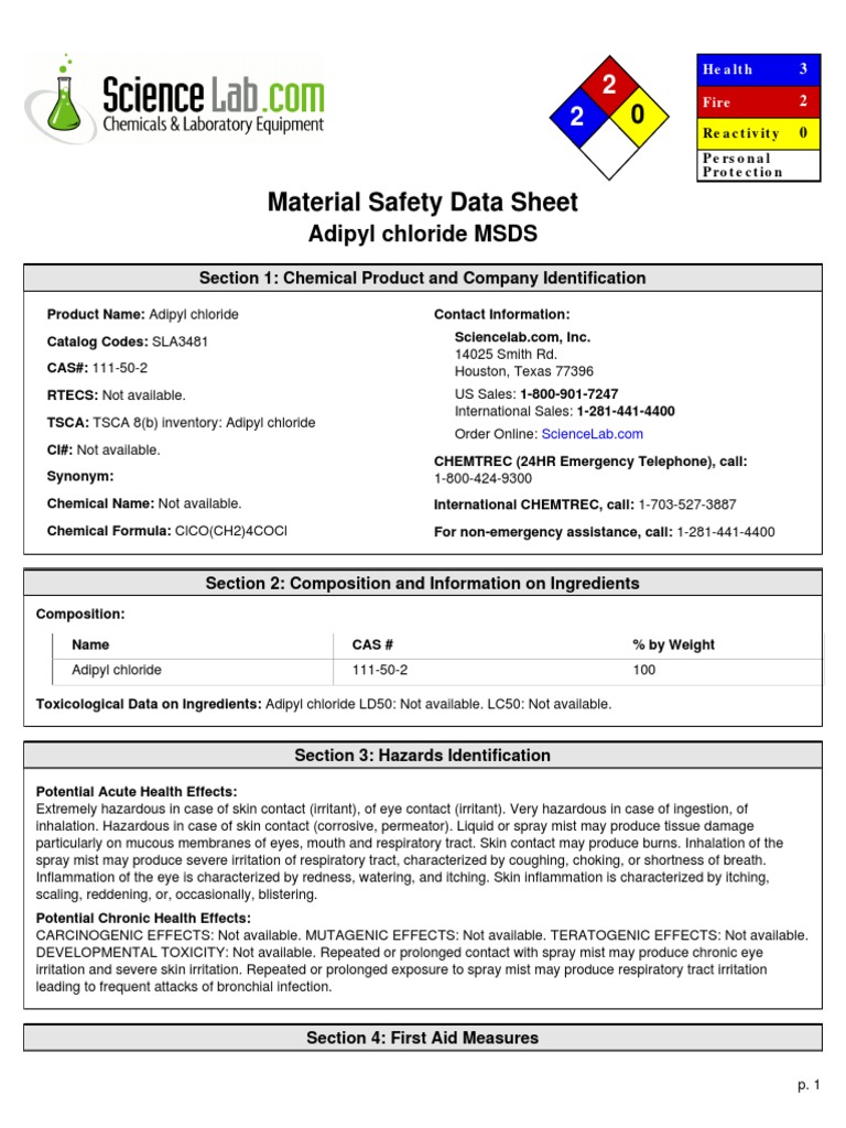 Adipyl Chloride MSDS: Section 1: Chemical Product and Company ...
