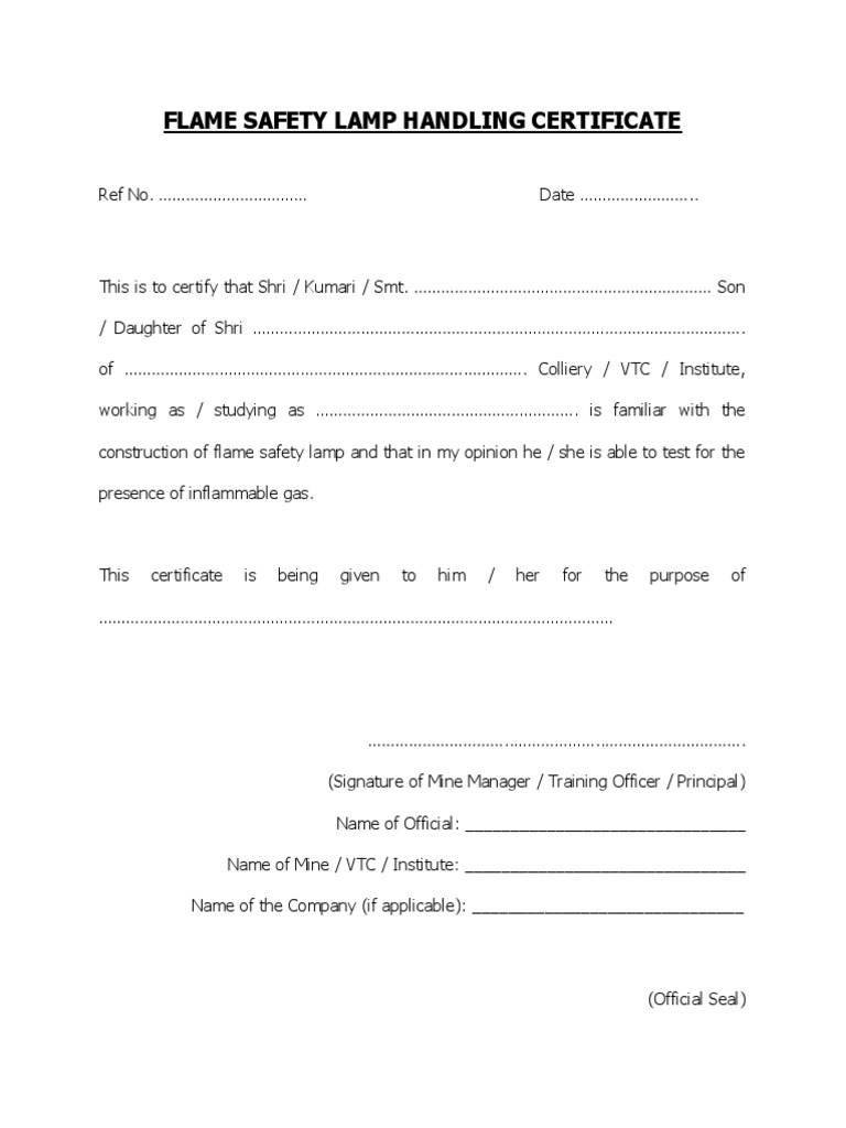 FLAME SAFETY LAMP HANDLING CERTIFICATE Format PDF | PDF