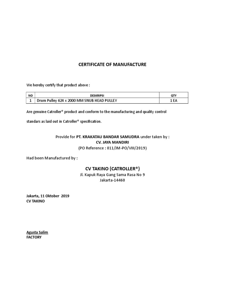 Certificate of Manufacture for CV Takino | PDF | Business | Home & Garden