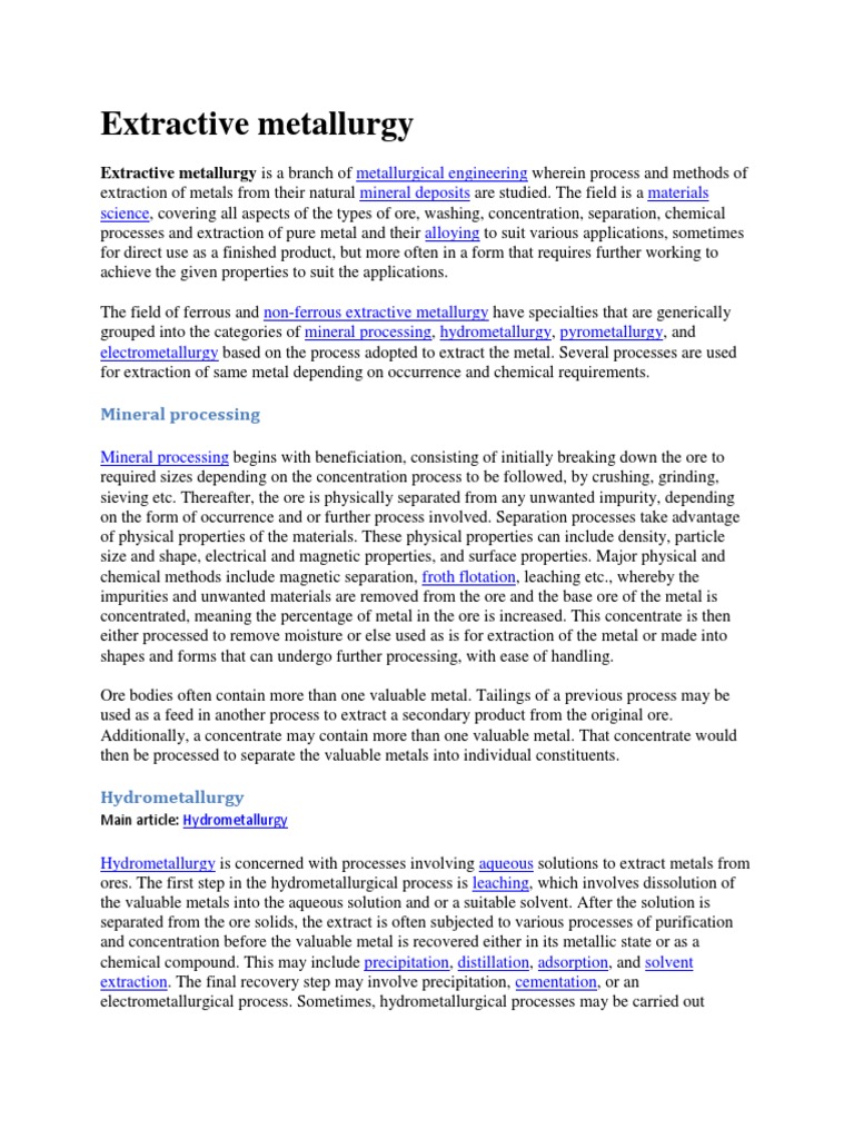 An Overview of Extractive Metallurgy: Processes, Methods and ...