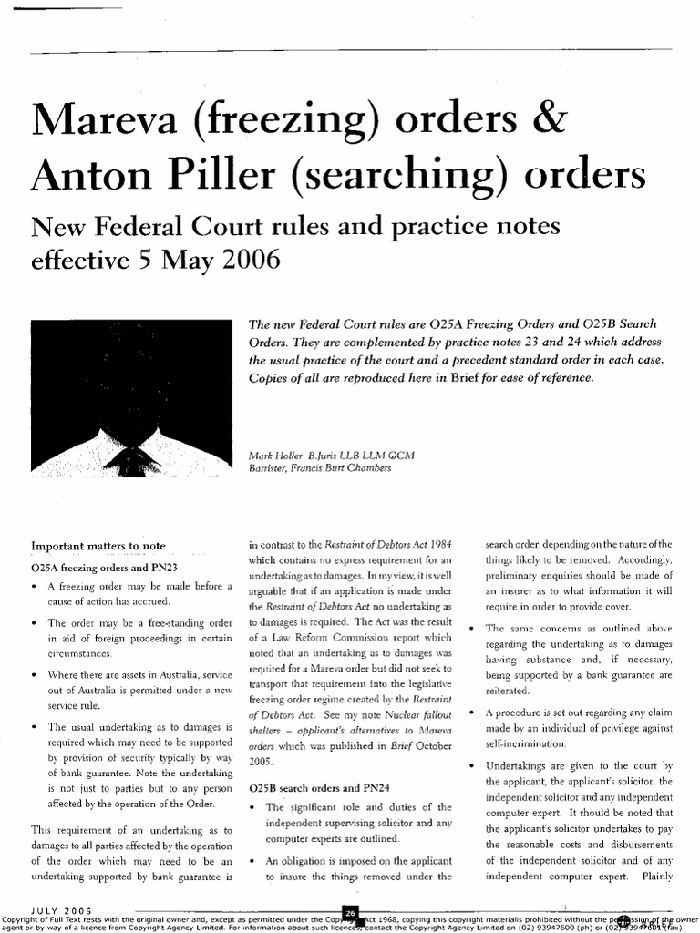 Mareva (Freezing) Orders Anton Piller (Searching) Orders: New Federal ...