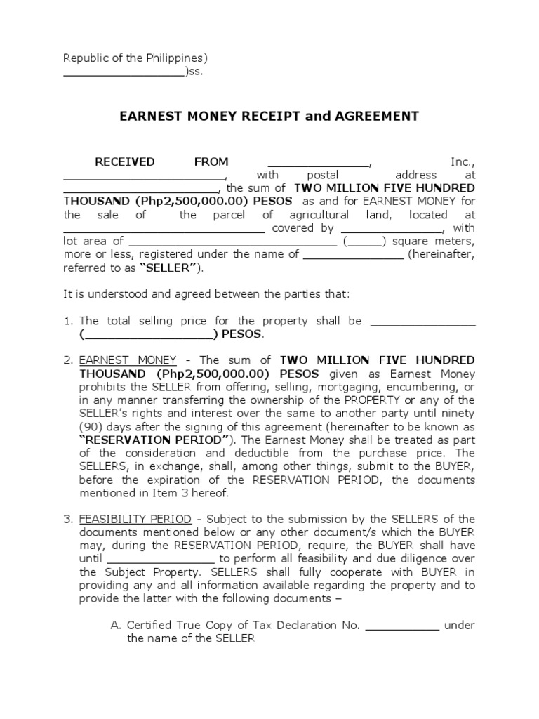 Earnest Money Receipt and Agreement | PDF | Sales | Property