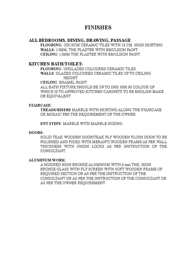 Proposed Interior Finishing Specifications for a Residential Property | PDF