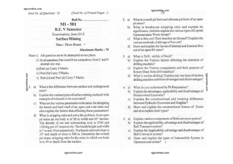 Surface Mining Questions Paper 2015 RGPV | PDF