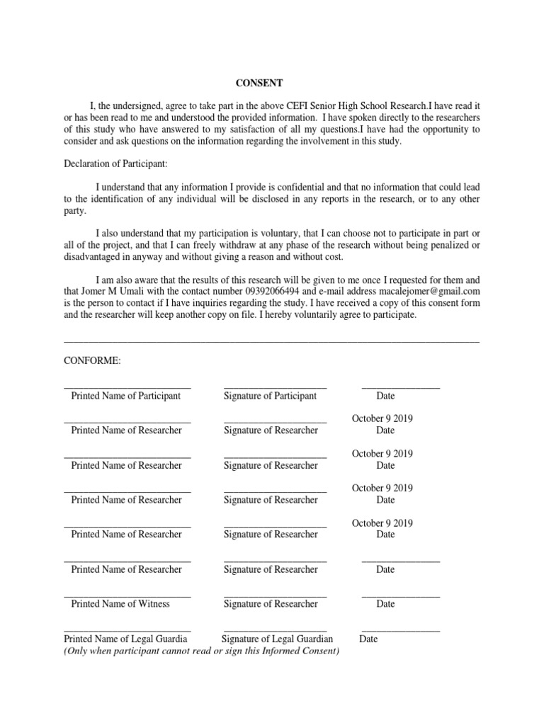 Consent: (Only When Participant Cannot Read or Sign This Informed ...