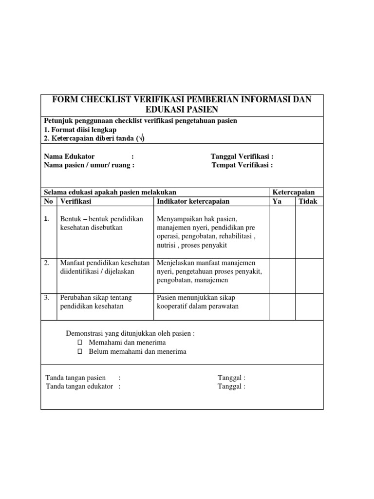 Form Checklist Verifikasi Pemberian Informasi Dan Edukasi Pasien | PDF