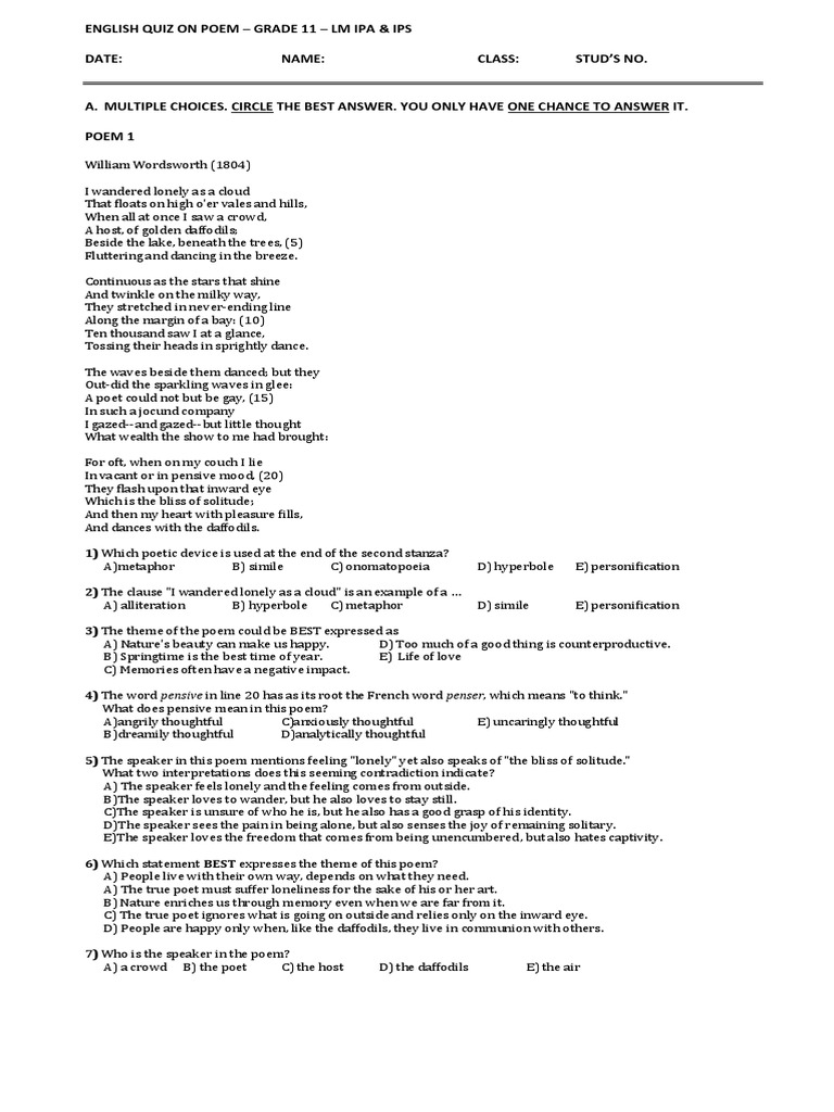 English Test On Poem | PDF | Poetry