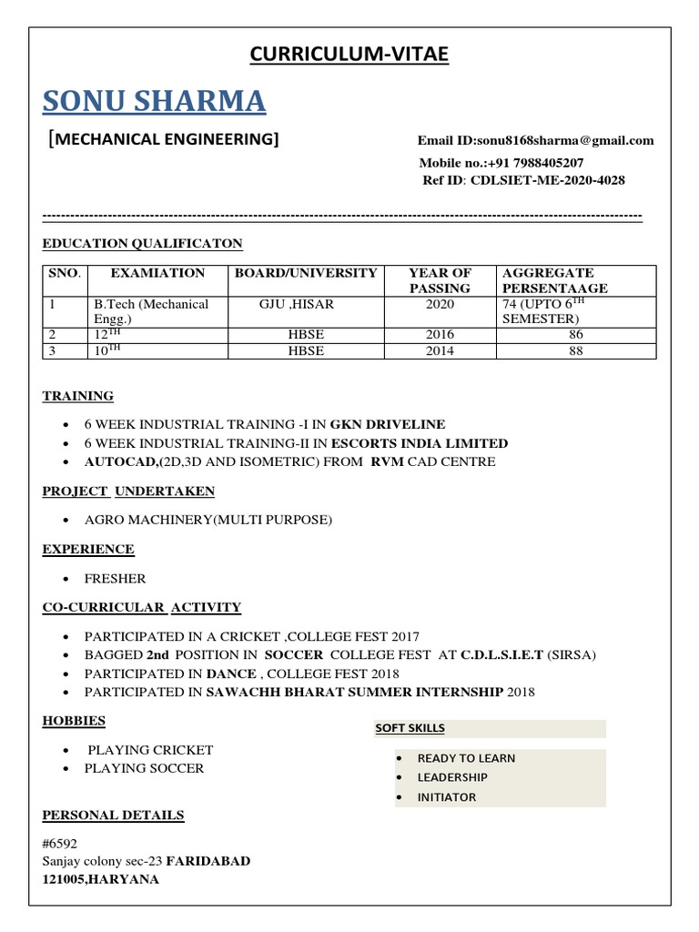 Sonu Sharma Mechanical Engineer CV | PDF
