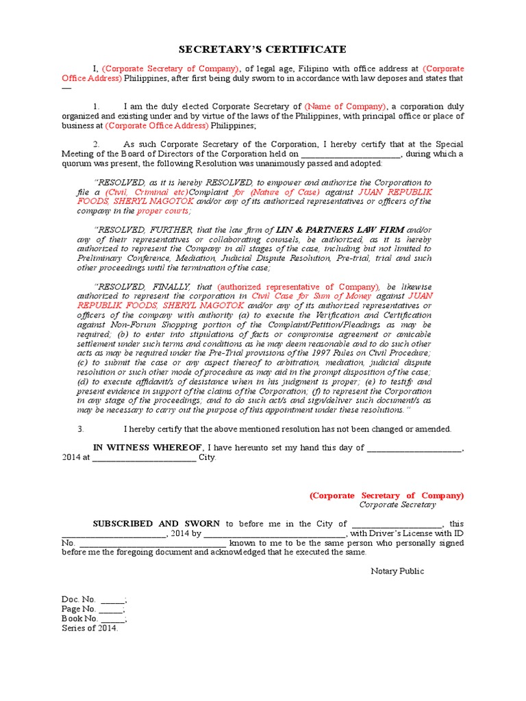 Template Secretarys Certificate | PDF | Mediation | Complaint