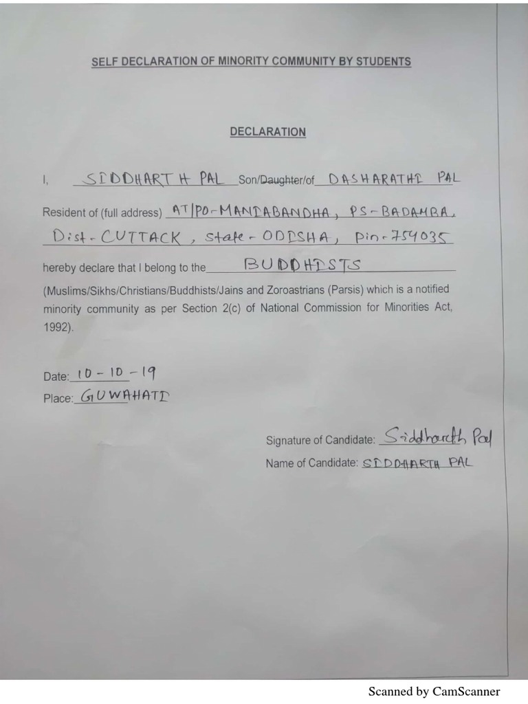 Self Declaration of Minority Certificate | PDF