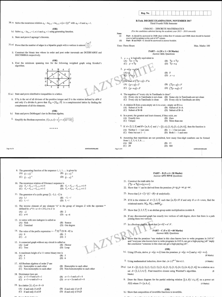 Discrete Mathematics Exam Paper 2017 | PDF | Abstract Algebra ...