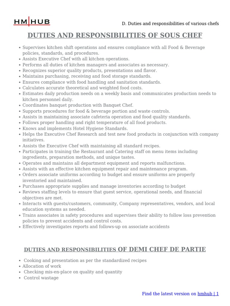 D. Duties and Responsibilities of Various Chefs | PDF | Chef | Entrée