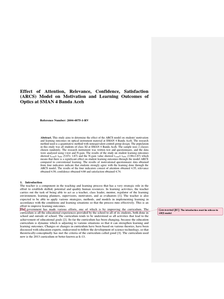 Effect of Attention, Relevance, Confidence, Satisfaction (ARCS) Model ...