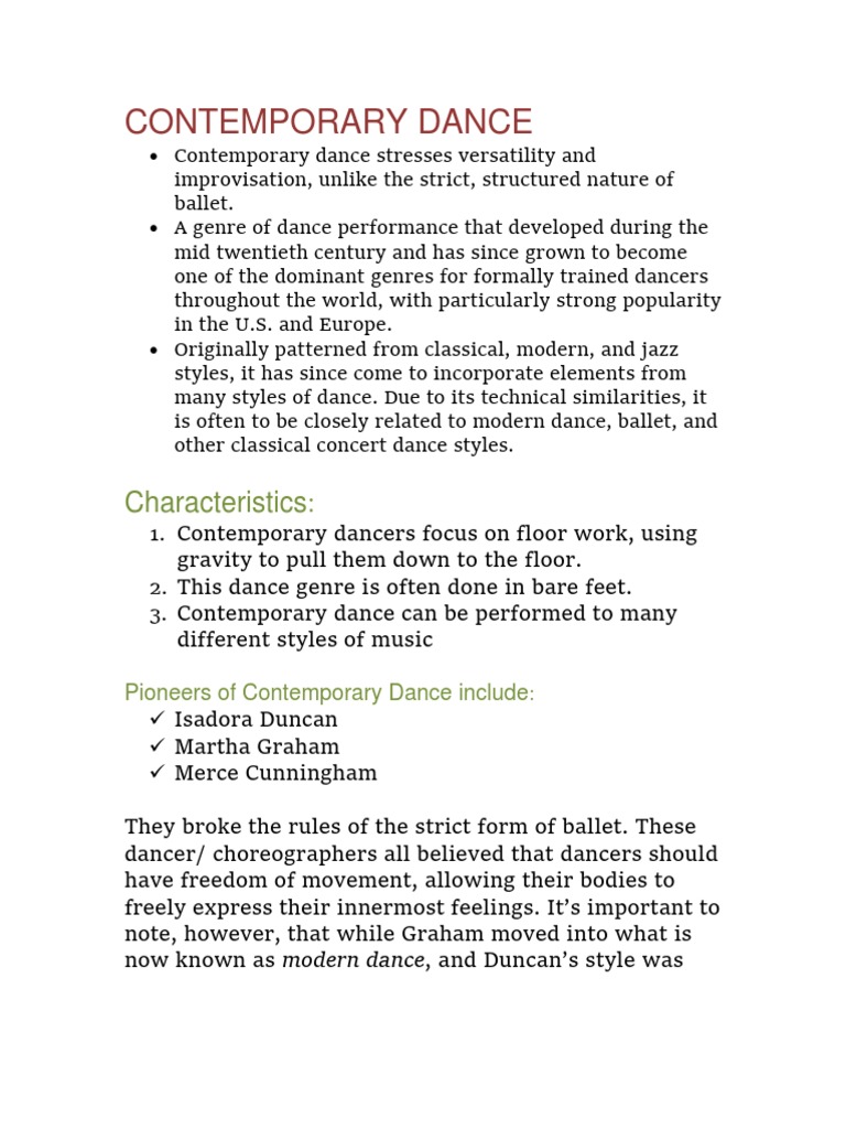 Contemporary Dance: Characteristics | PDF | Dances | Performing Arts