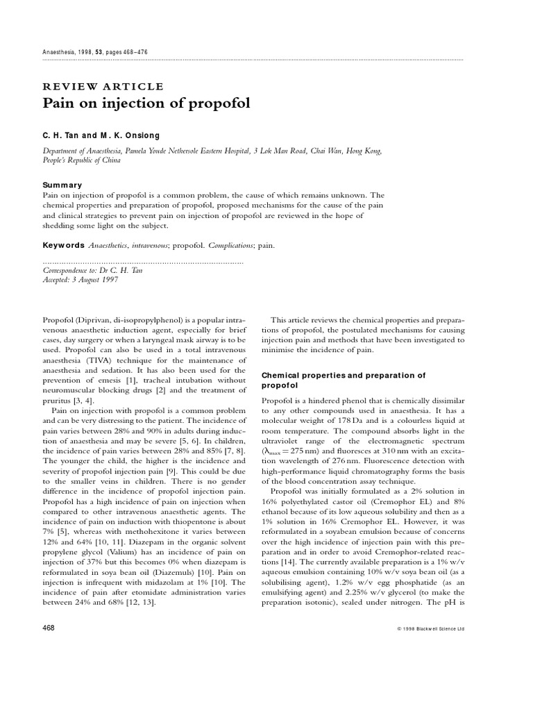 Pain On Injection of Propofol: Reviewarticle | PDF | Intravenous ...