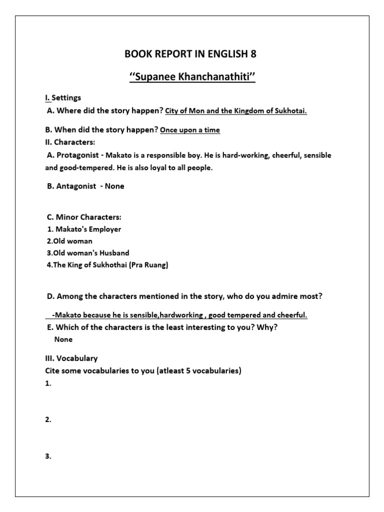 Book Report in English 8 Supanee Khanchanathiti'' | PDF