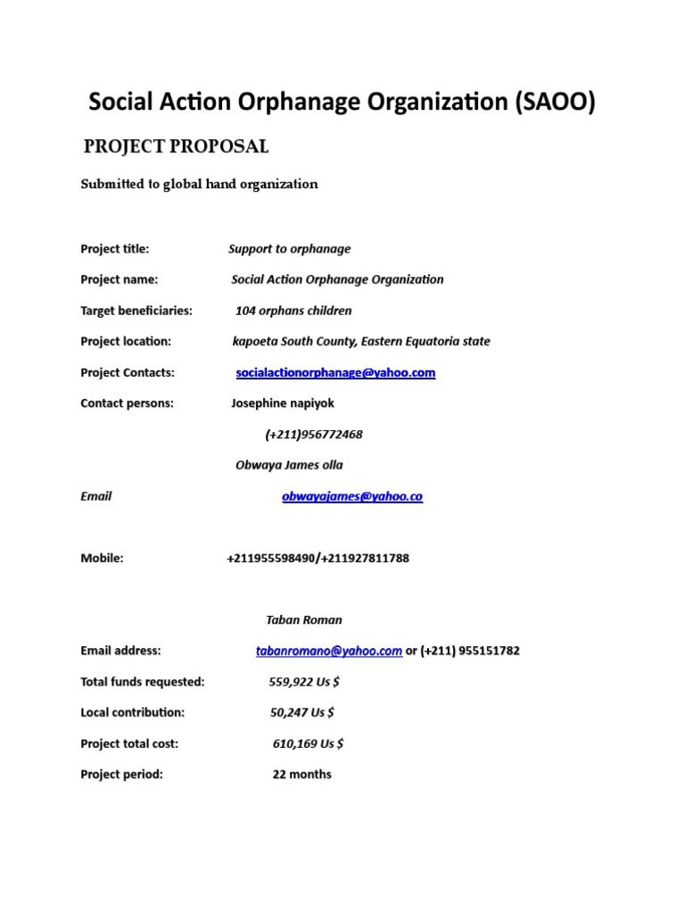 Social Action Orphanage Organization (SAOO) : Project Proposal | PDF ...