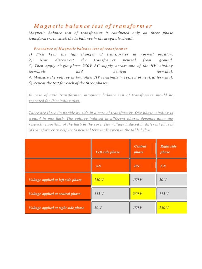 Magnetic Balance Test of Transformer PDF | PDF