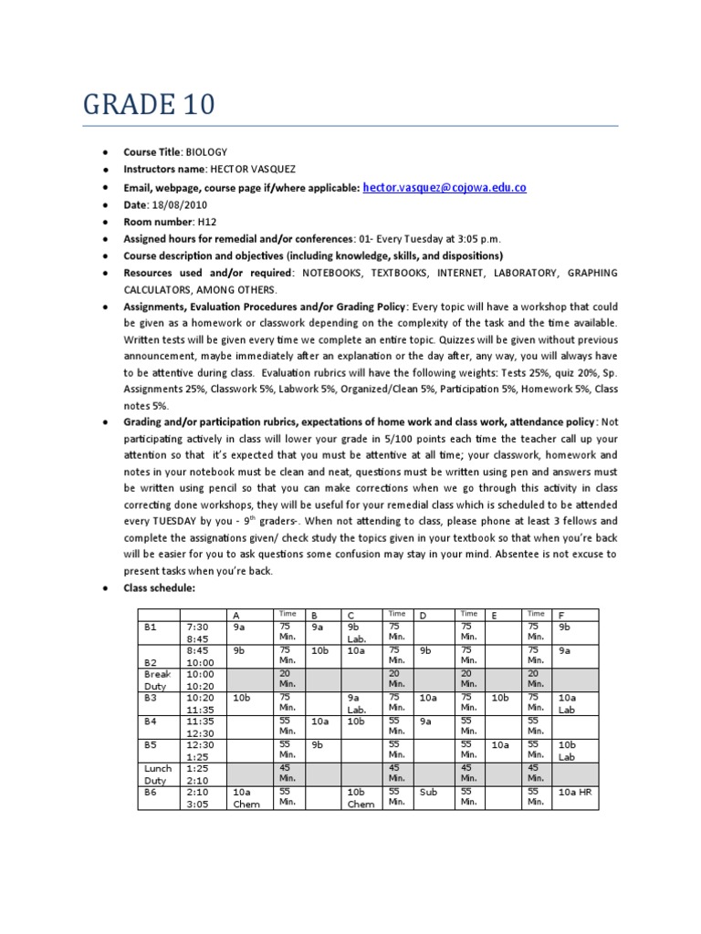 10th Grade Biology Syllabus | PDF | Science | Learning