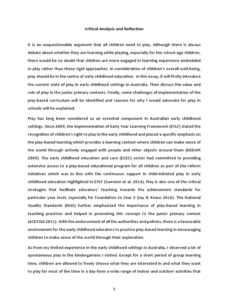 Critical Analysis and Reflection | PDF | Early Childhood Education ...