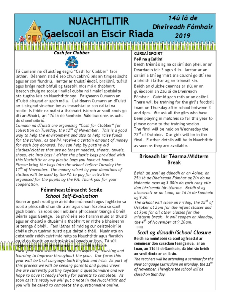 Nuachtlitir Gaelscoil An Eiscir Riada: 14ú Lá de Dheireadh Fómhair 2019 ...