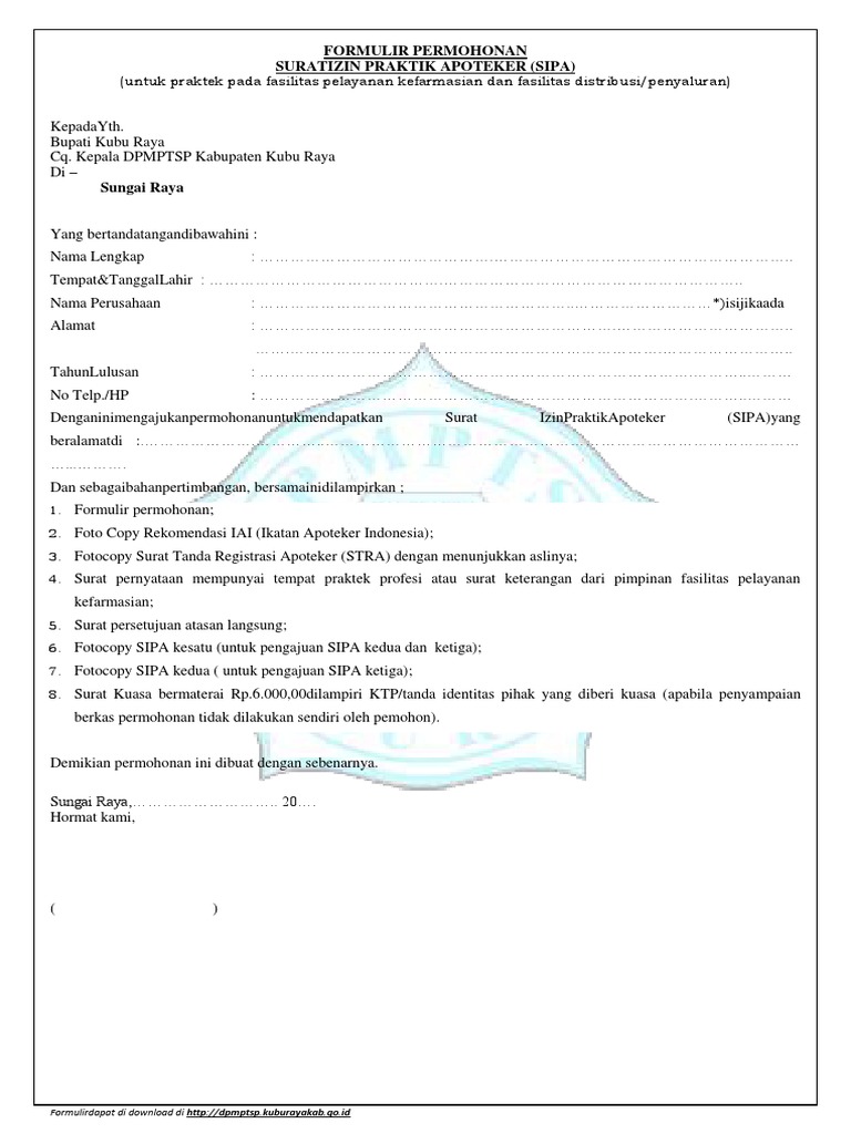 Formulir Surat Izin Praktik Apoteker (SIPA) | PDF