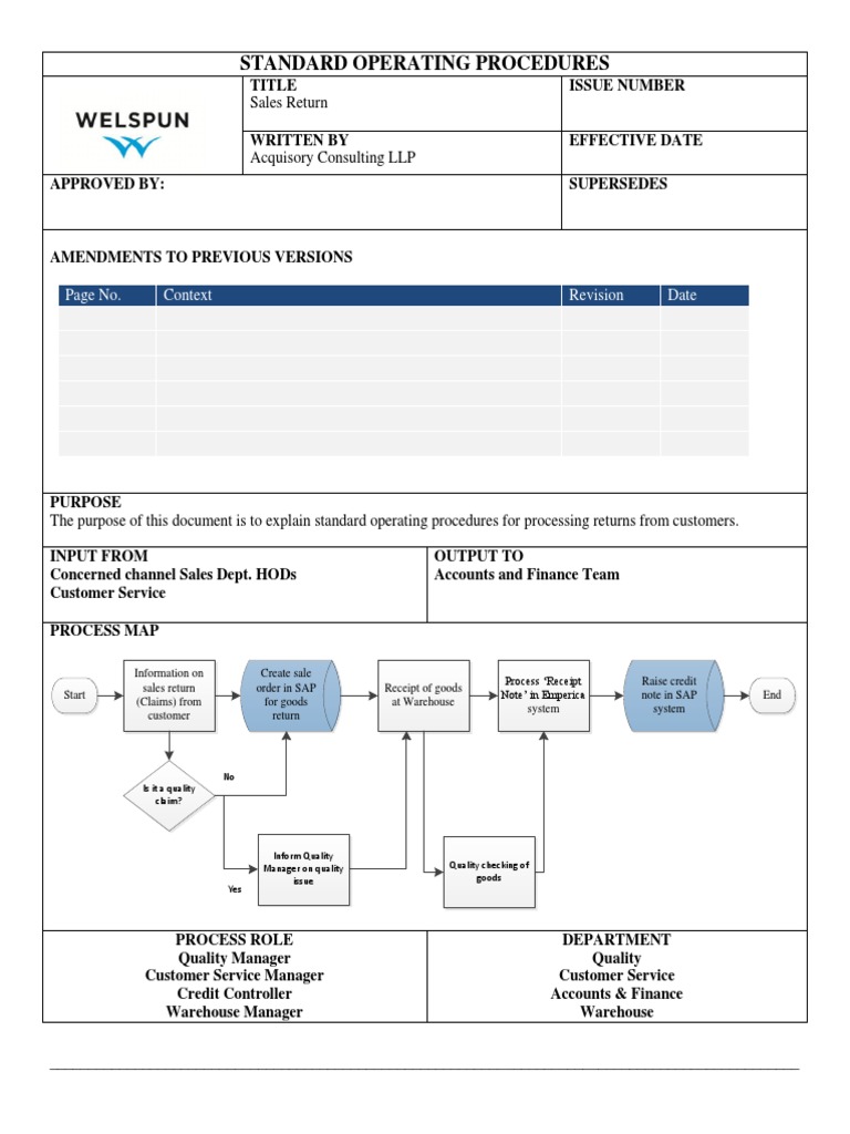 Standard Operating Procedures: Sales Return | PDF | Receipt | Business ...