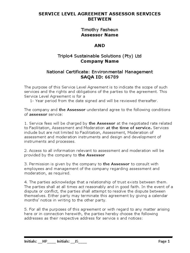 Service Level Agreement for Assessor Services | PDF | Indemnity ...