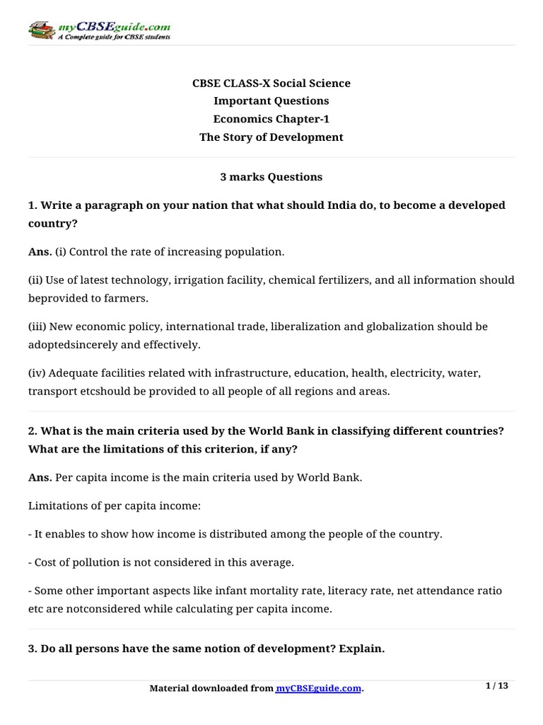 CBSE Class 10 Economics: Development | PDF | Economic Development ...