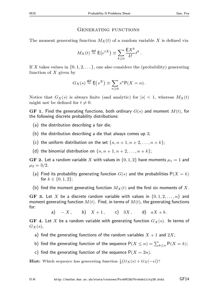 Generating Functions: M15 Probability II Problems Sheet Gen. Fns | PDF ...