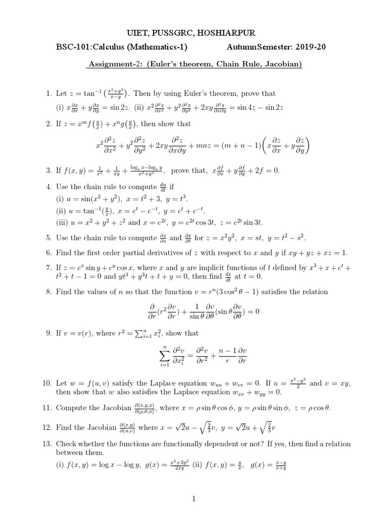 Assignment Euler's Theorem Chain Rule Jacobian | PDF | Equations ...