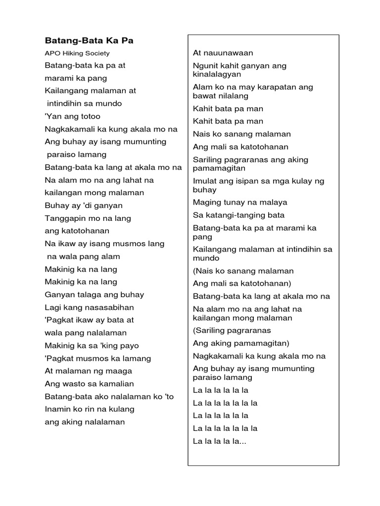 Batang Bata Ka Pa Lyrics | PDF
