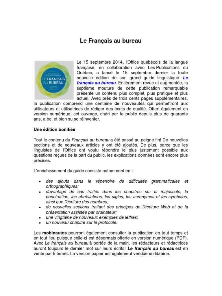 Le Français au Bureau : 7e Édition Révisée | PDF