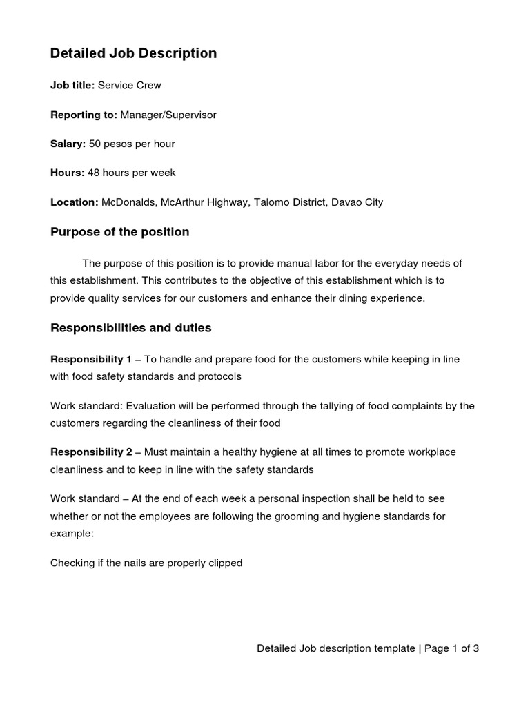 Detailed Job Description: Purpose of The Position | PDF | Employment ...