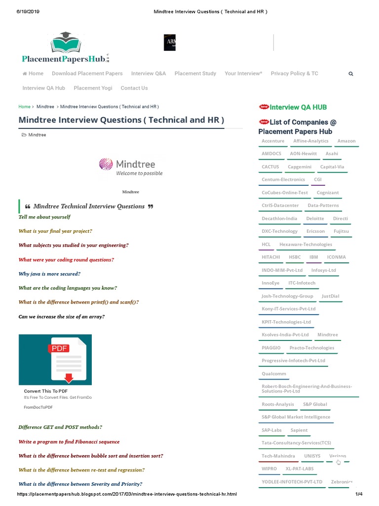 Mindtree Interview Questions (Technical and HR) | PDF | Test ...
