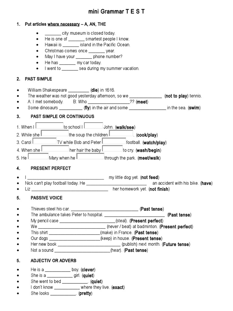 Mini Grammar Test Exercises | PDF