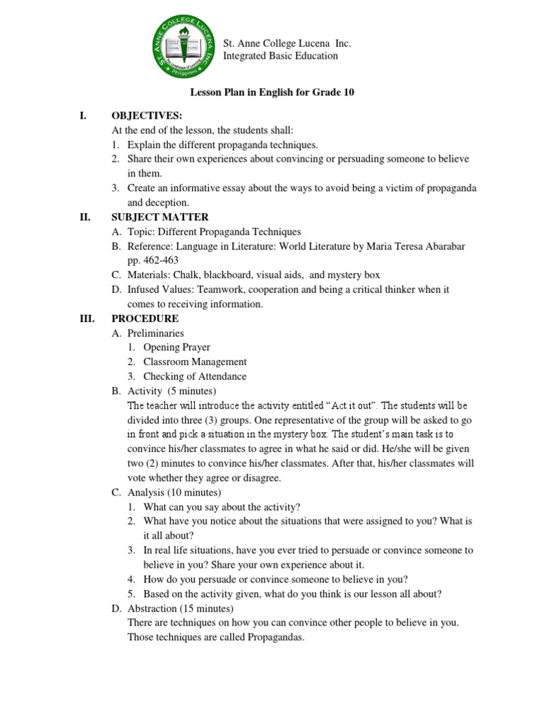 Lesson Plan in English For Grade 10 - Propaganda Techniques | PDF ...