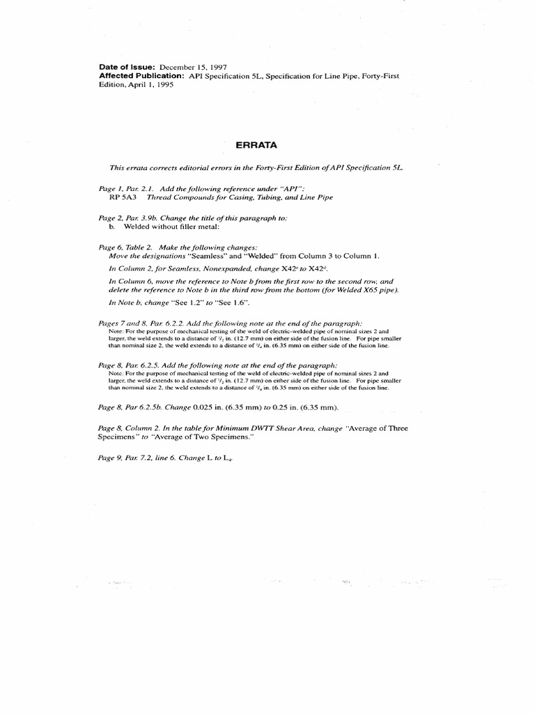 Api 5L Specifiaction For Line Pipe (April 1,1995) PDF | PDF