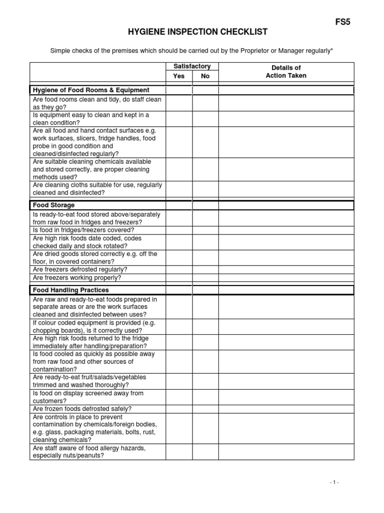 Fs6 - Hygiene Inspection Checklist | PDF | Hygiene | Refrigerator